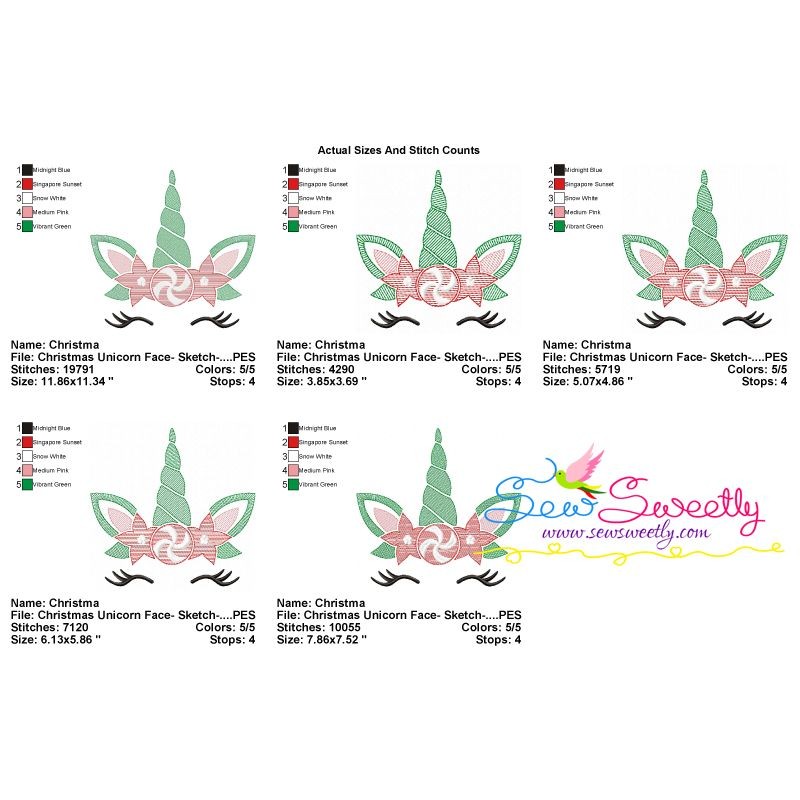 Christmas Unicorn Face Sketch Embroidery Design Pattern