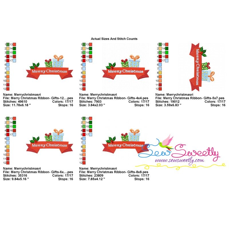 Merry Christmas Ribbon Gifts Lettering Embroidery Design Pattern