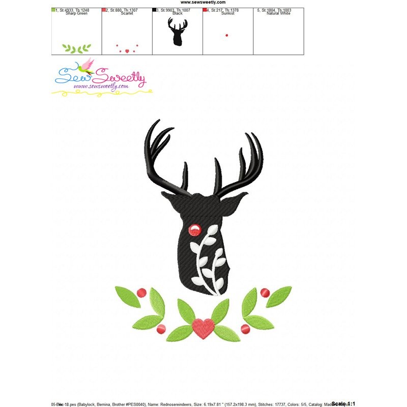 Red Nose Reindeer Silhouette-6 Embroidery Design Pattern
