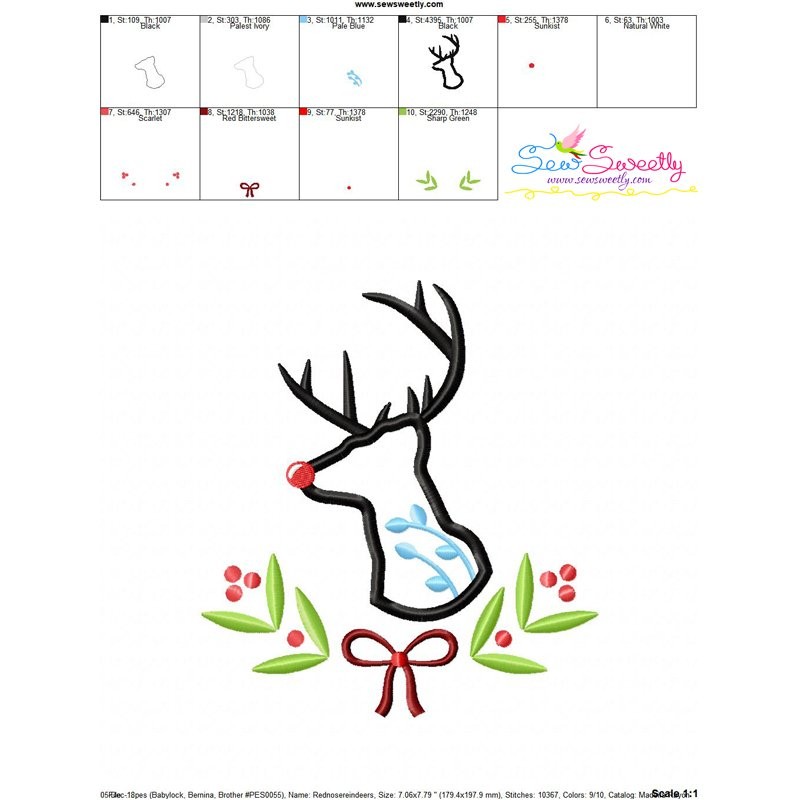 Red Nose Reindeer Silhouette-3 Applique Design Pattern
