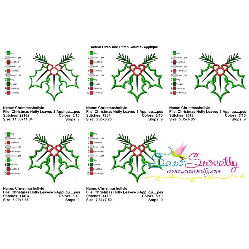 Christmas Holly Leaves-3 Applique Design Pattern