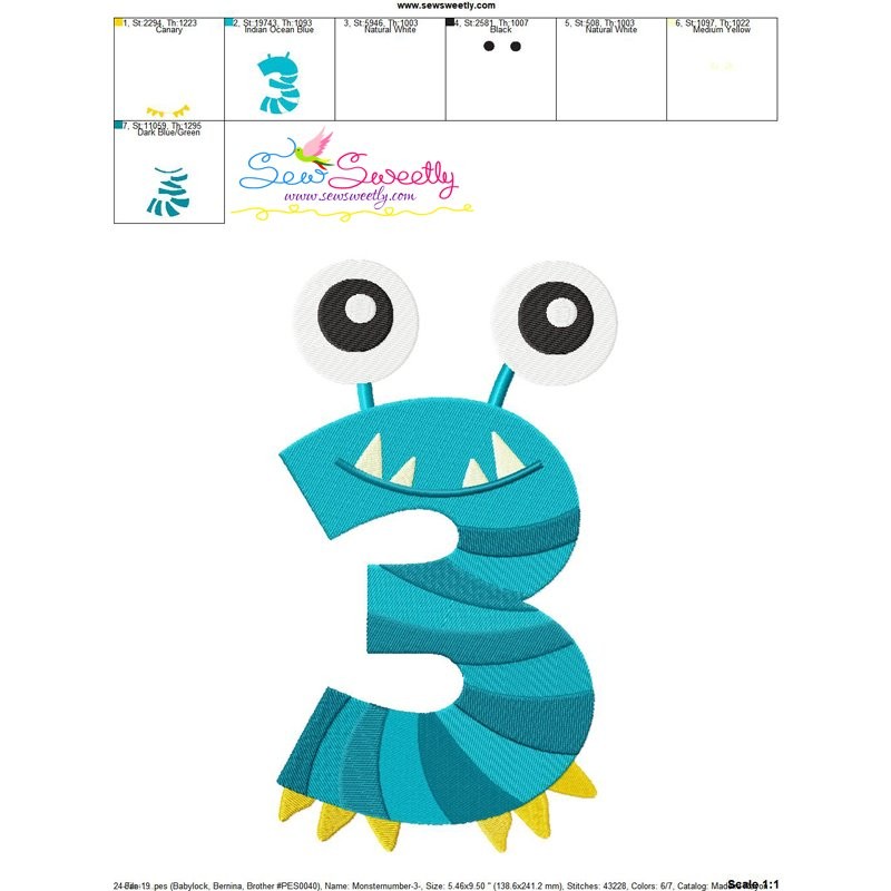 Monster Number-3 Embroidery Design Pattern