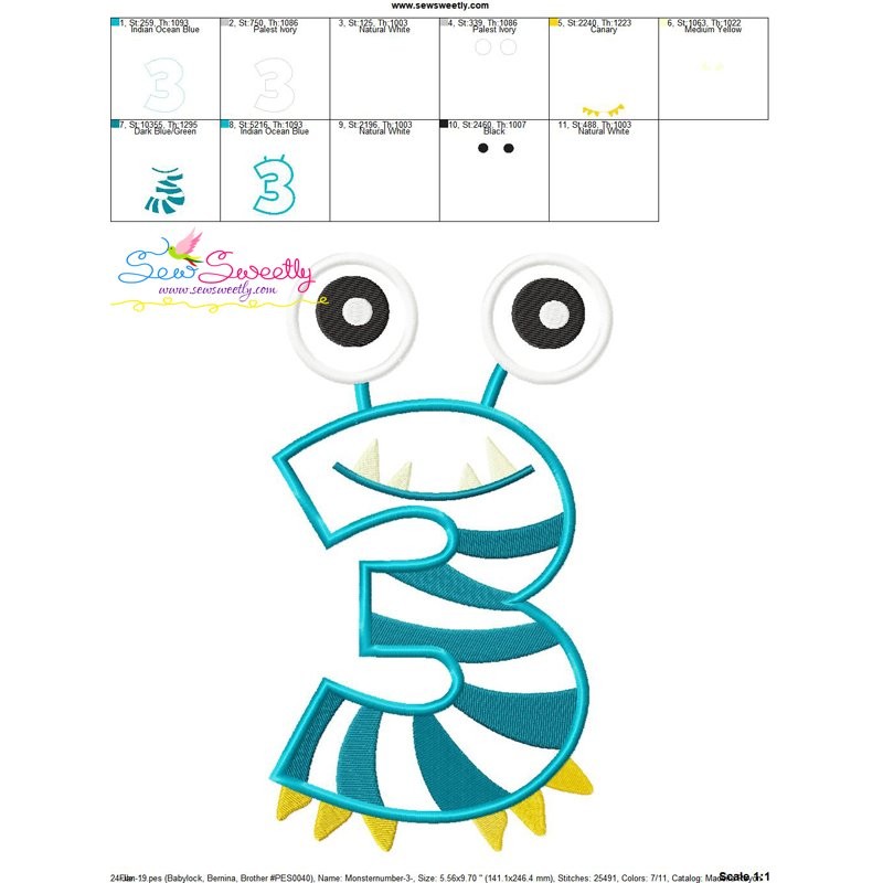 Monster Number-3 Applique Design Pattern