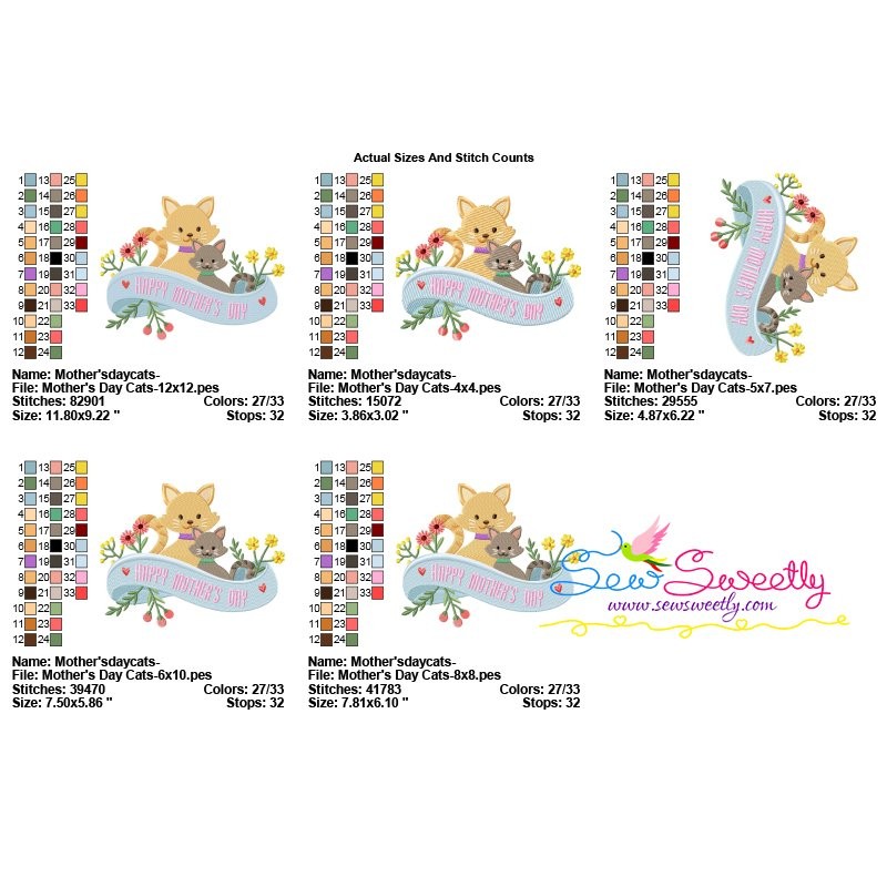 Mother's Day Cats Embroidery Design Pattern