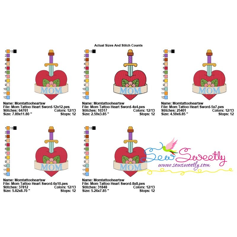 Mom Heart Sword Embroidery Design Pattern