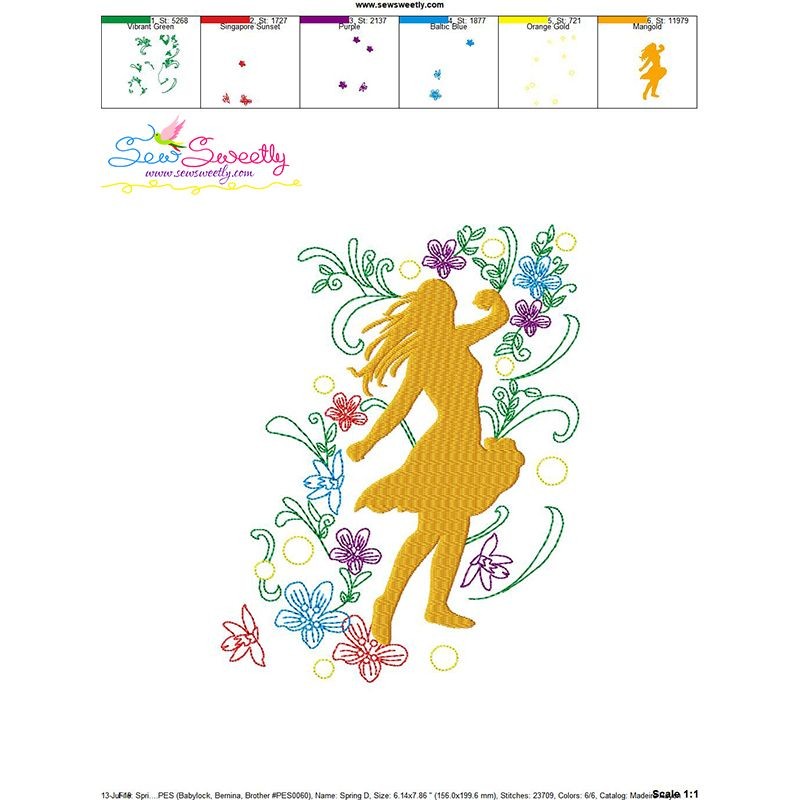 Spring Flowers Dancing Girl-4 Embroidery Design Pattern