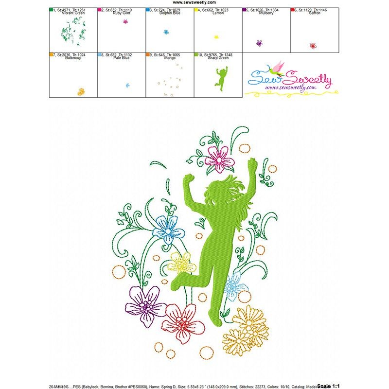 Spring Flowers Dancing Girl-1 Embroidery Design Pattern