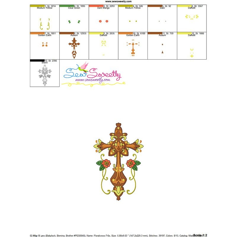 Floral Cross-7 Machine Embroidery Design Pattern