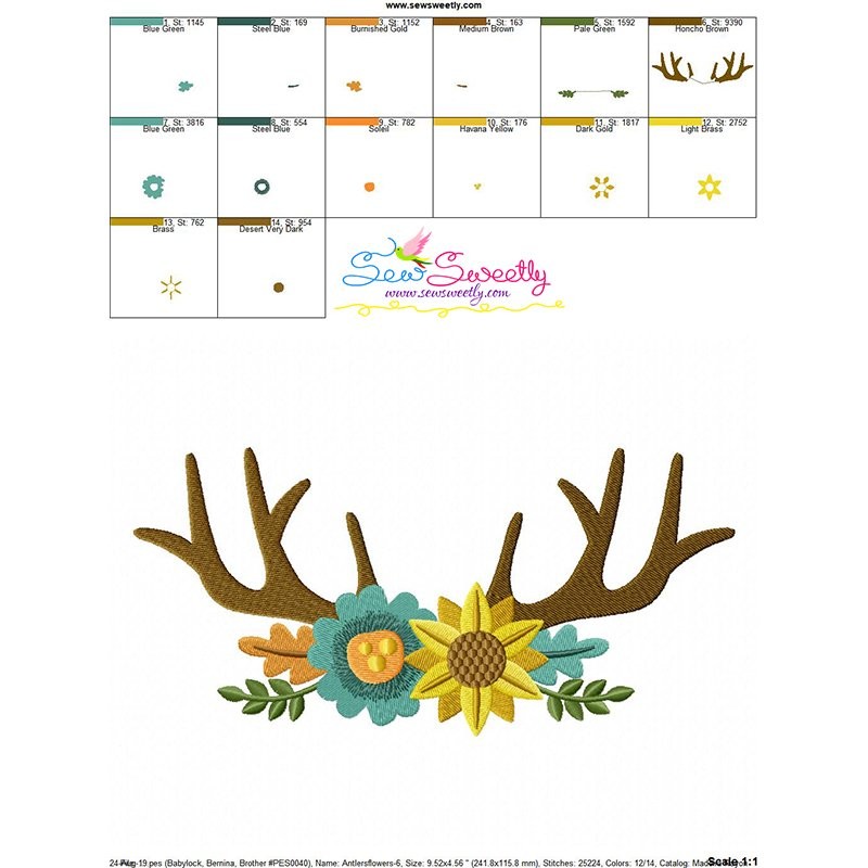 Antlers With Flowers Machine Embroidery Design Pattern