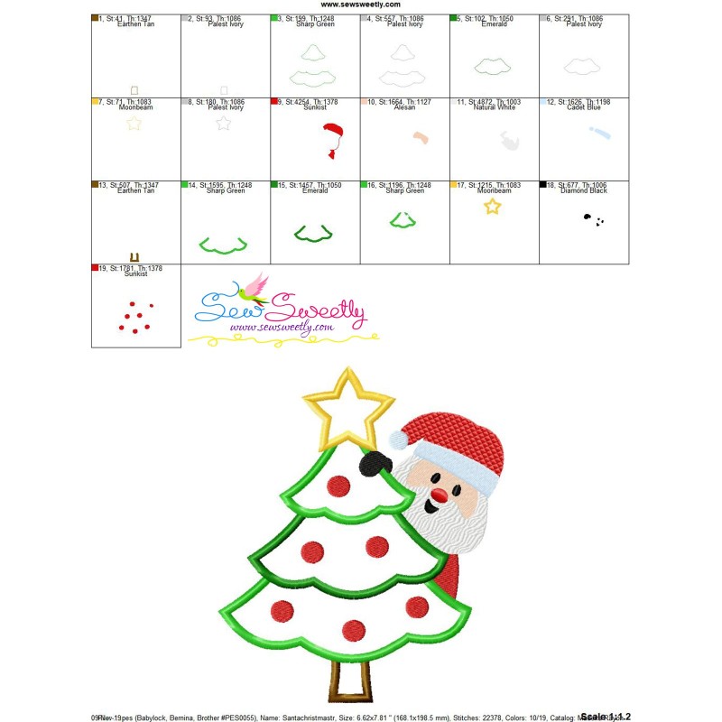 Santa Christmas Tree Peeker Applique Design Pattern