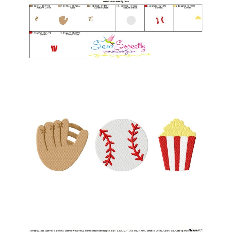 Baseball Mitt Popcorn Trio Embroidery Design Pattern
