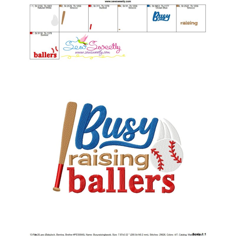 Busy Raising Baseball Ballers Lettering Embroidery Design Pattern