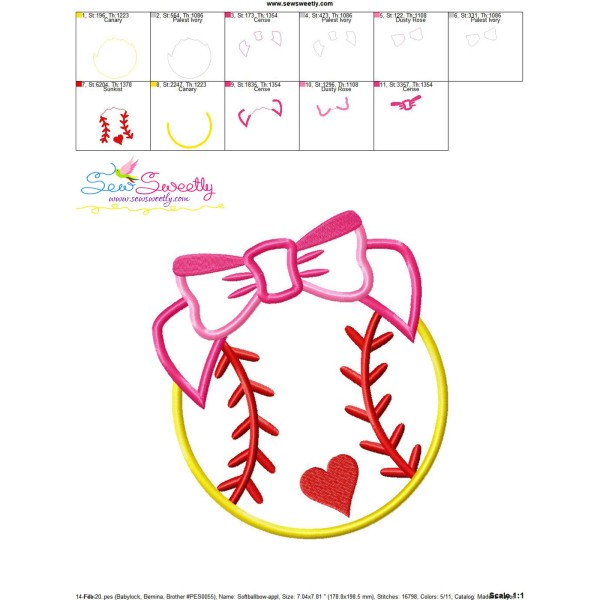Softball Bow Applique Design Pattern