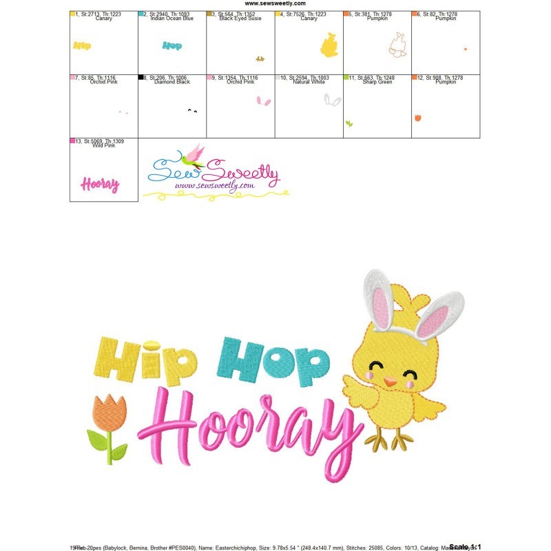 Easter Chick Hip Hop Hooray Lettering Embroidery Design Pattern