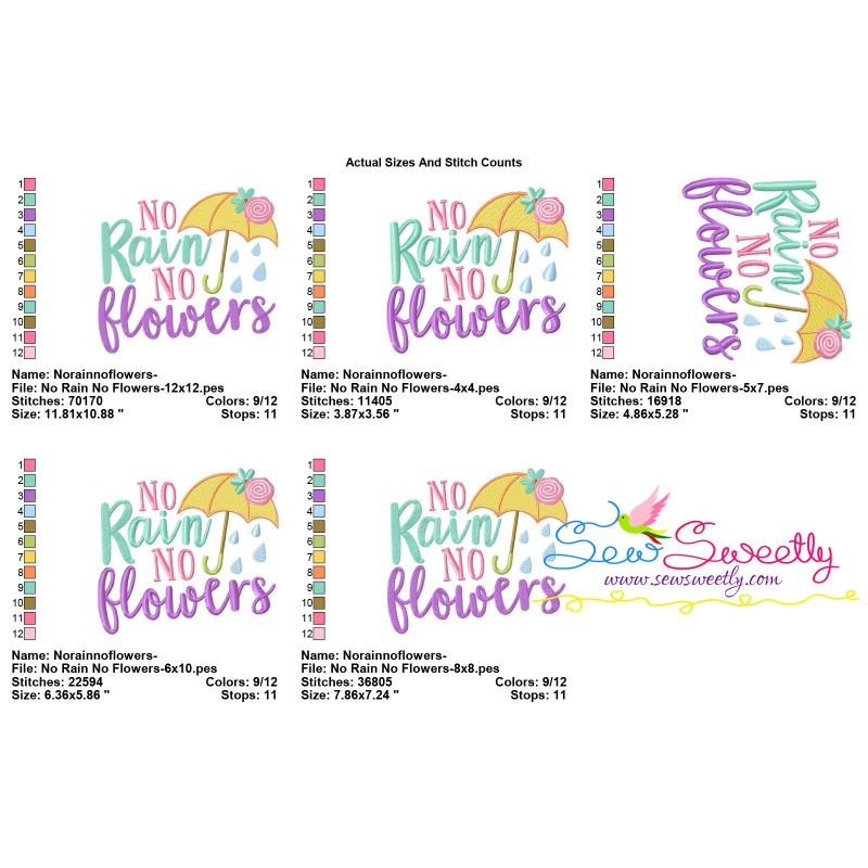 No Rain No Flowers Lettering Embroidery Design Pattern