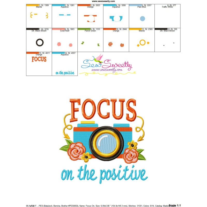 Focus On The Positive Floral Camera Lettering Embroidery Design Pattern