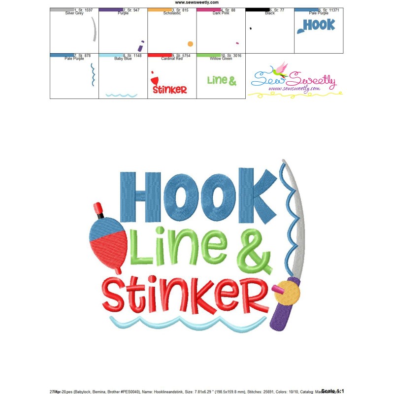 Hook Line And Stinker Fishing Lettering Embroidery Design Pattern
