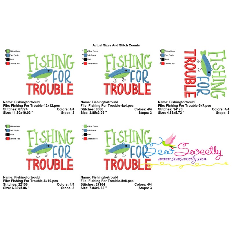 Fishing For Trouble Lettering Embroidery Design Pattern