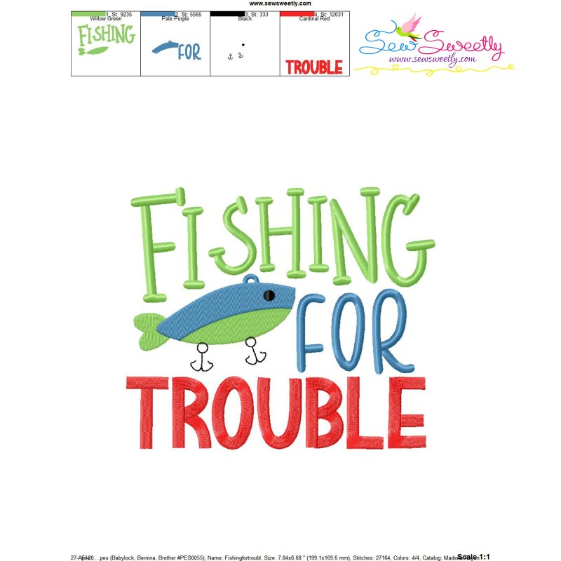 Fishing For Trouble Lettering Embroidery Design Pattern