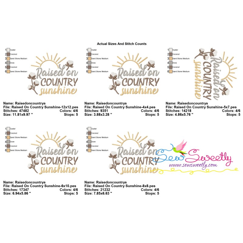 Raised On Country Sunshine Lettering Embroidery Design Pattern