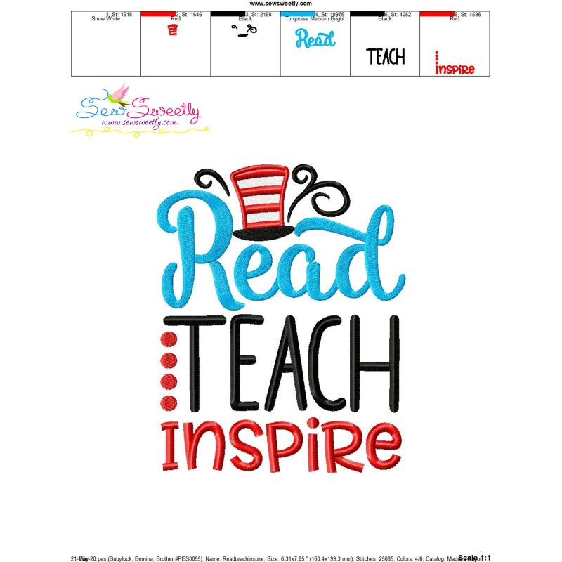 Read Teach Inspire American Theme School Lettering Embroidery Design ...