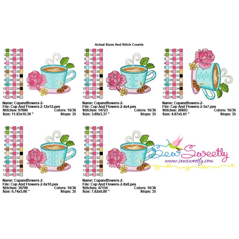 Free Cup And Flowers-2 Embroidery Design Pattern